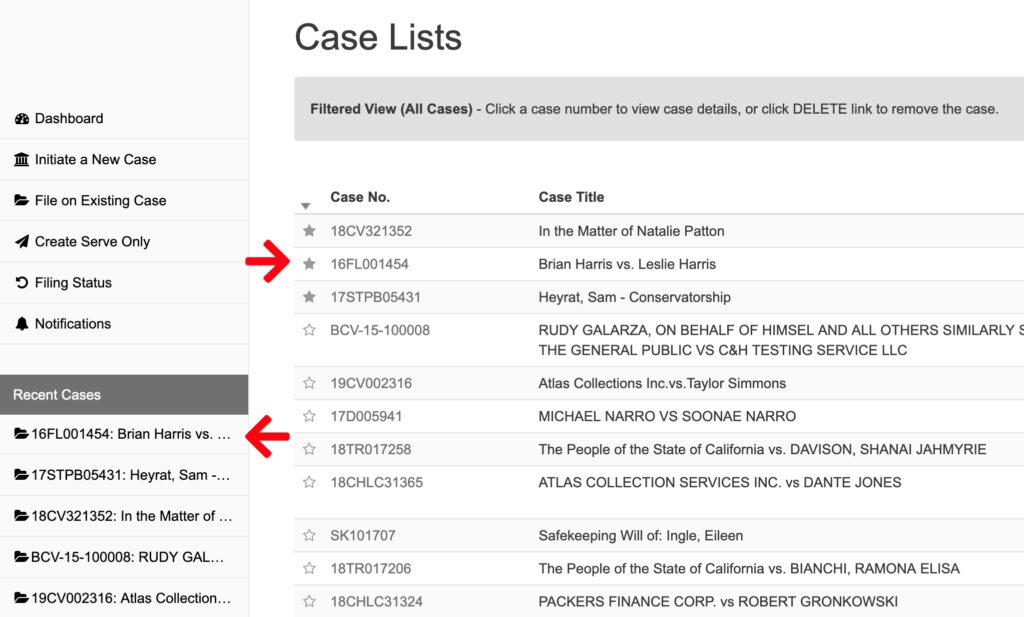 E-Filing: Case Lists for all Cases added in the application - E-Filing Help