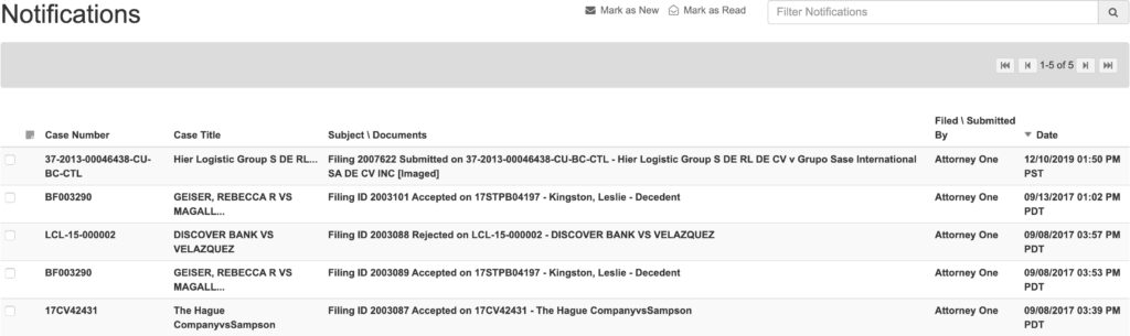 E-Filing: Notifications on completed filiings in the application - E-Filing Help