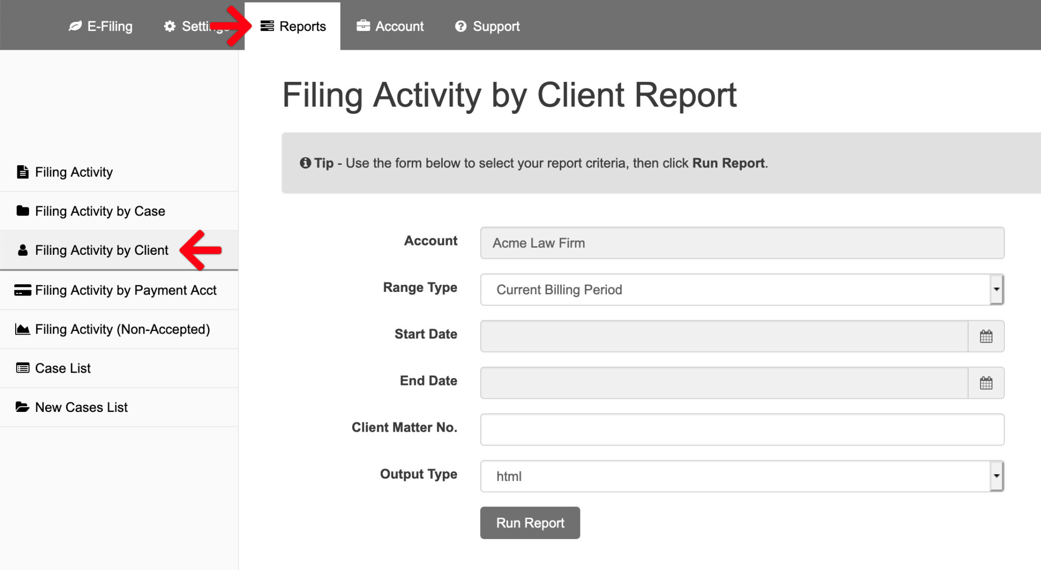 filing-activity-by-client-report-in-the-e-filing-application-e-filing