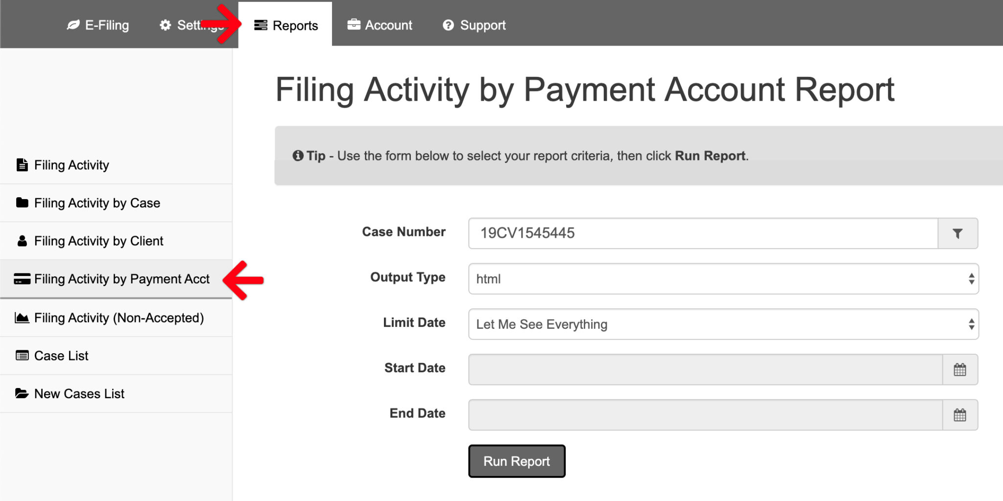 Reports Filing Activity By Payment Account Screen Green Filing Support reports-filing-activity-by-payment-account-screen-green-filing-support