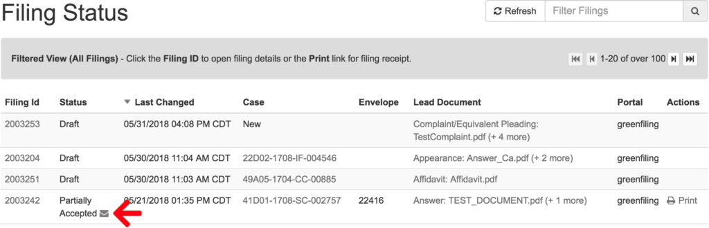 View Filed Documents and your Filing History on the Filing Status Screen