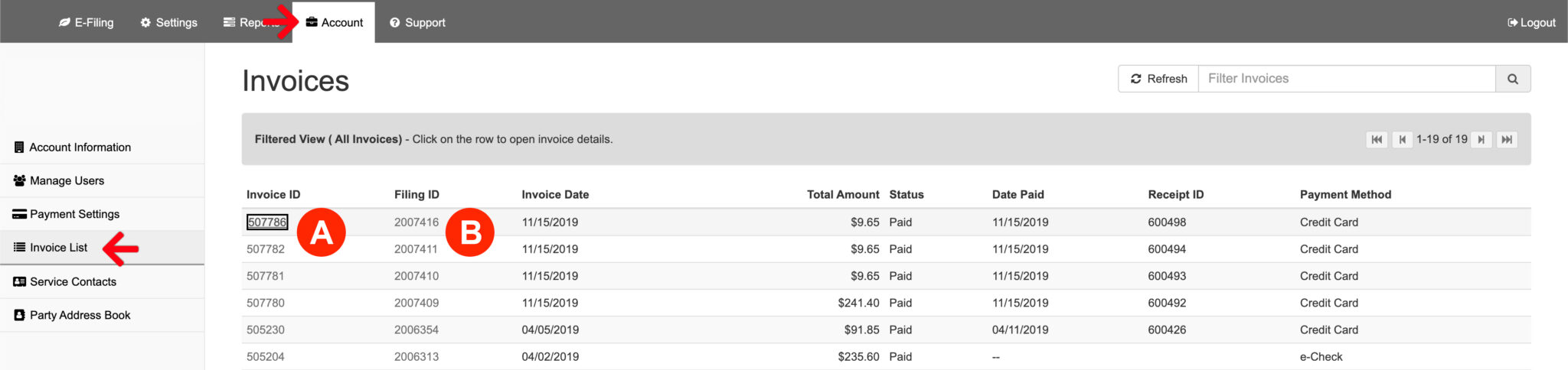 Invoice List for Firm Admins in the e-Filing Application