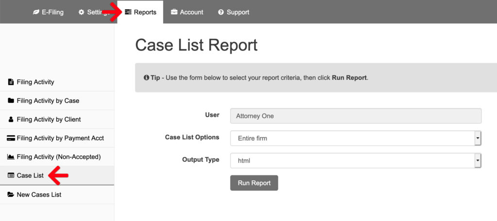 Reports: Case List Screen in the e-Filing Application