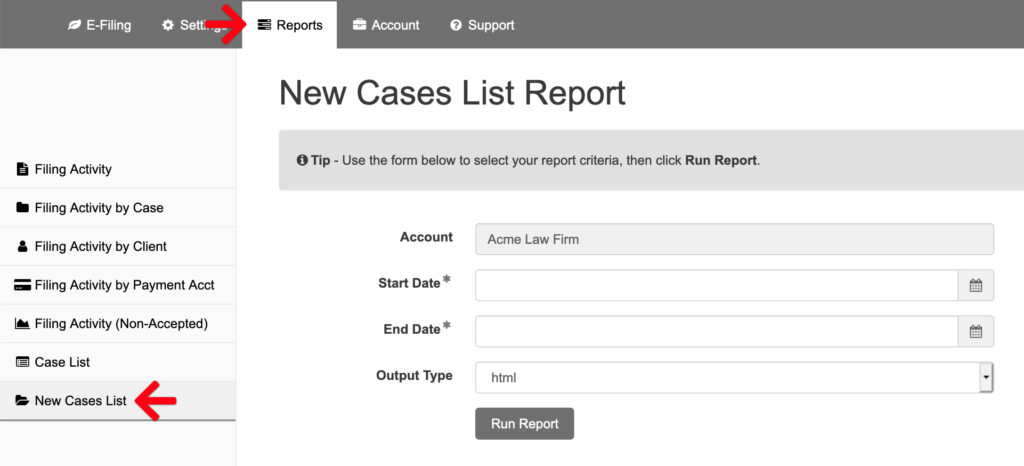 Reports: New Cases List in the e-Filing Application