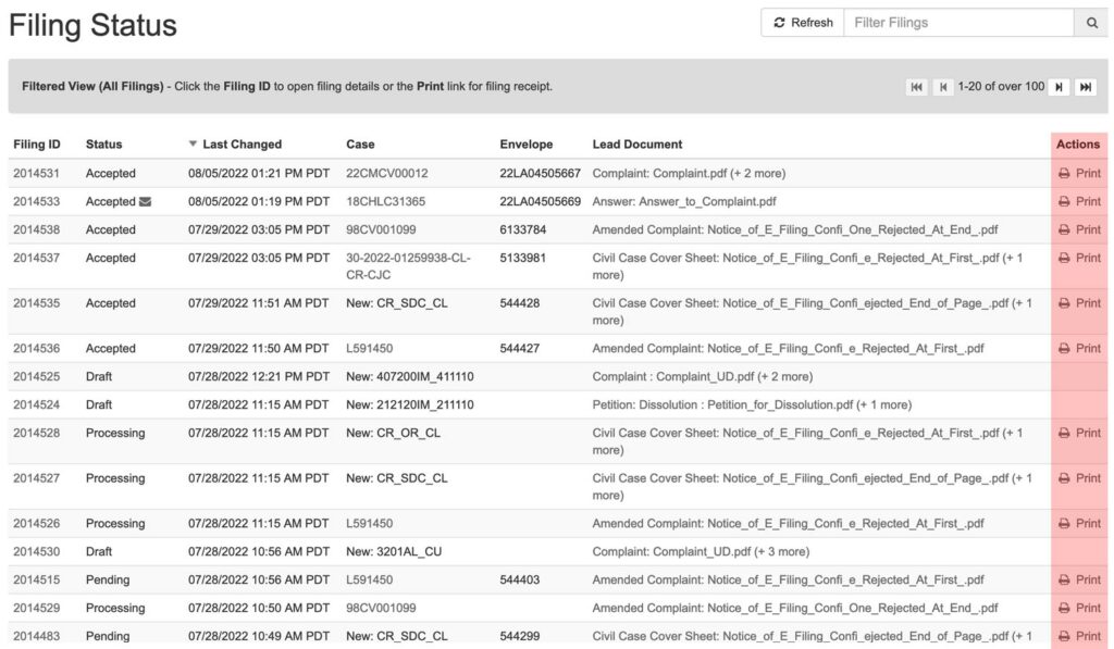 View Filed Documents and your Filing History on the Filing Status Screen