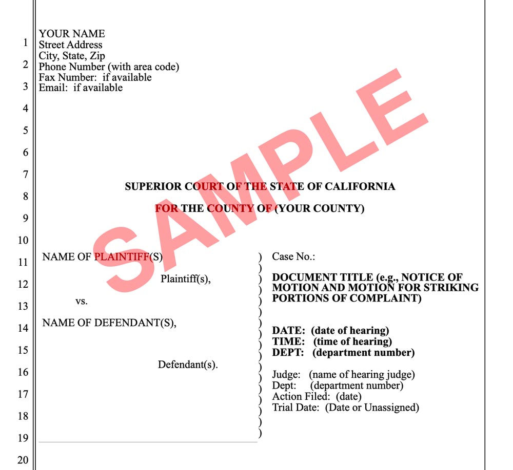 Sample Caption Page E Filing Help